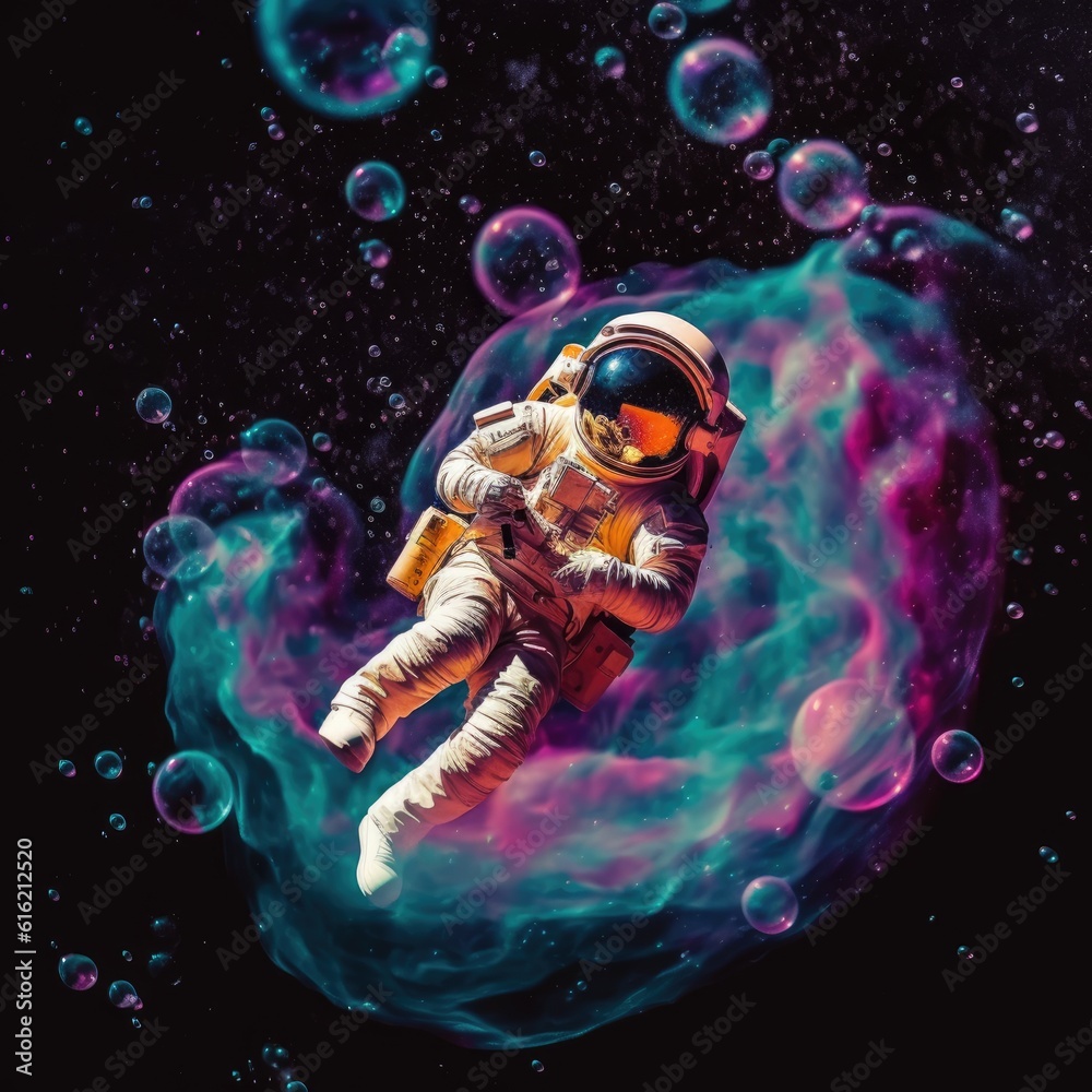 Astronaut celebrating in a soap bubbles. Spaceman wearing white space ...