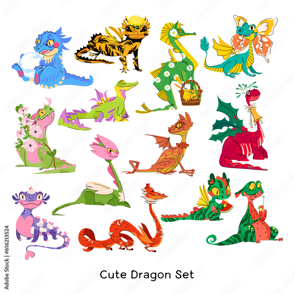 Cute dragons vector set isolated on white background. Fantasy funny ...