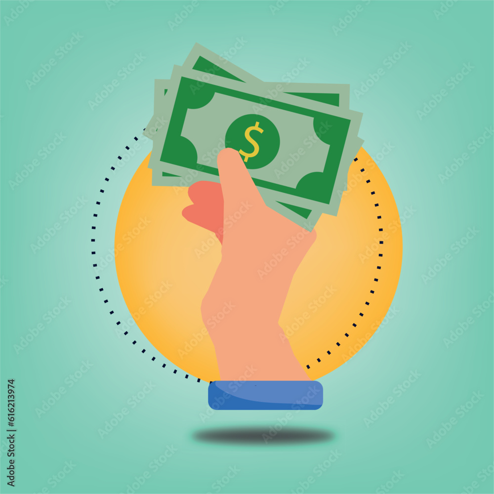 hand holding money, blue background with dollar, art for financial ...