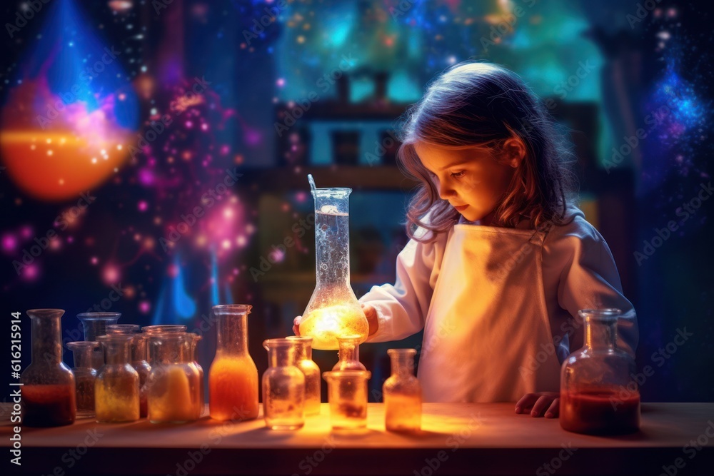 Little girl conducting science experiment in laboratory, surrounded by ...