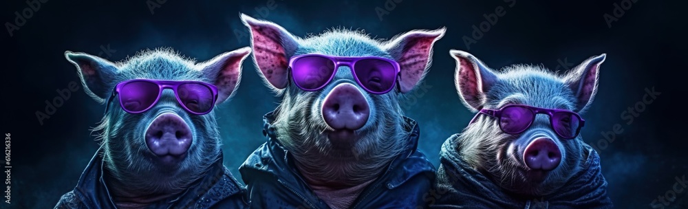 Three pigs in sunglasses on a dark background. The concept of the year ...