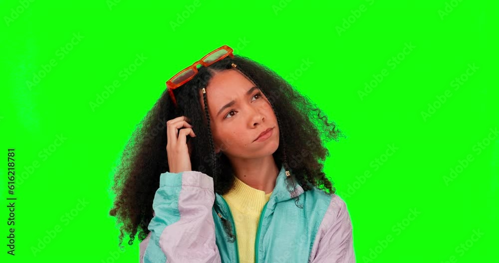 Confused, thinking and woman scratching head in green screen studio ...