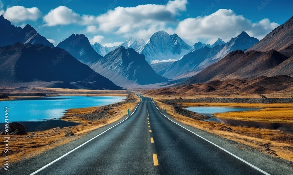 a long road with a lake in the middle of it and mountains in the distance with clouds in the sky ...