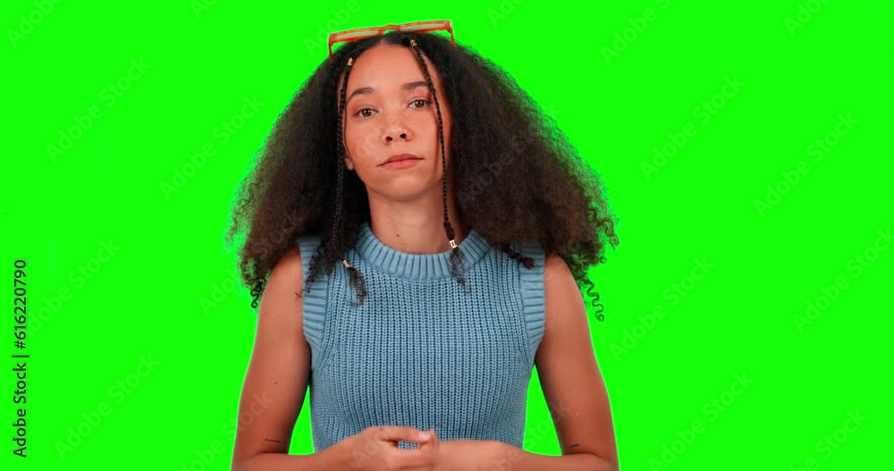 Doubt, shrug and woman in a studio with green screen and a oops ...