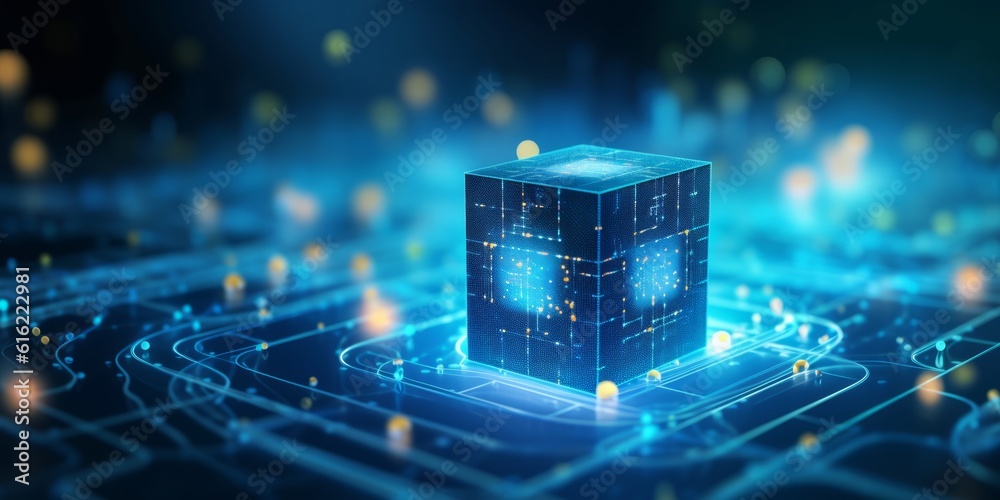 Cube technology on Converging point of circuit with Abstract blue background. Blockchain Network ...