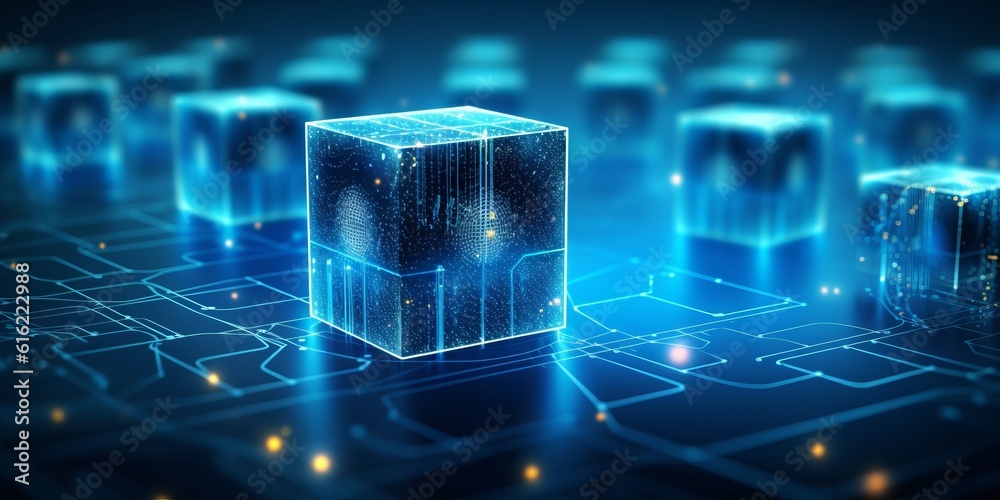 Cube technology on Converging point of circuit with Abstract blue background. Blockchain Network ...