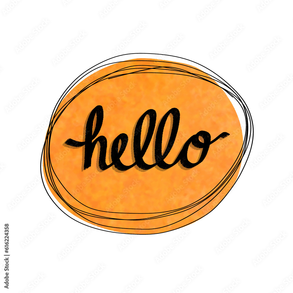 Hello word, an English greeting by calligraphy handwriting on a circle ...