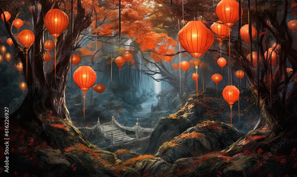 a painting of a forest filled with lots of red lanterns floating in the ...