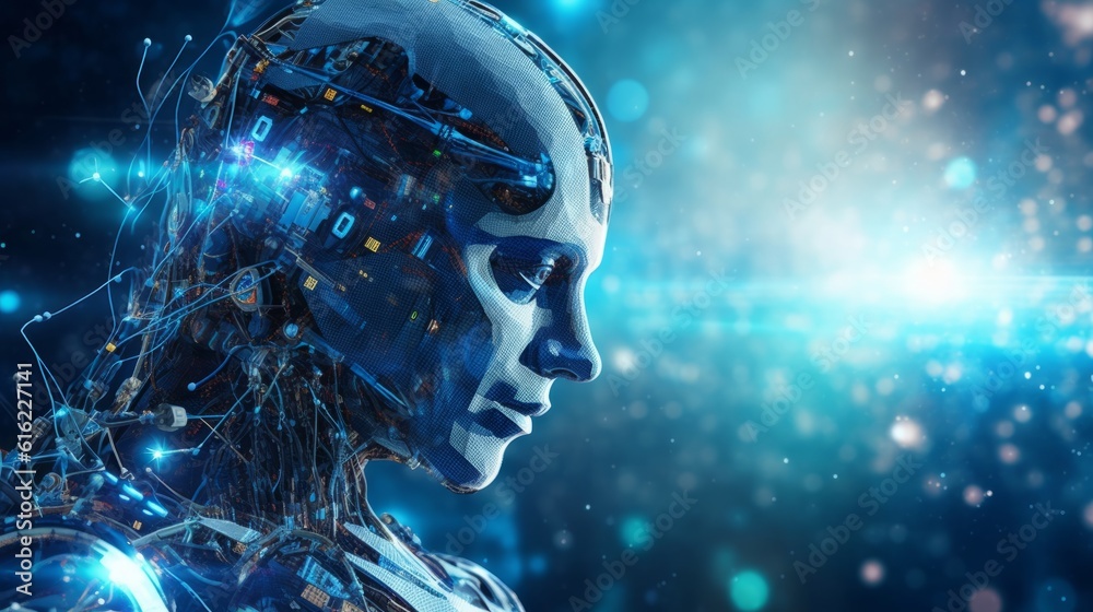 Generative ai humanoid robot head with circuit board in dark space ...