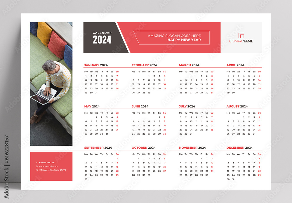 Calendar 2024 Layout with Red Accents Stock Template | Adobe Stock
