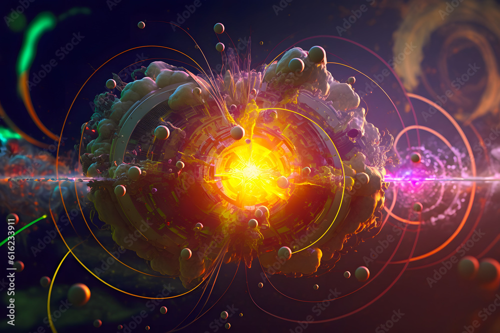 Collision of nuclei of elementary particles, image of nuclear reactions ...