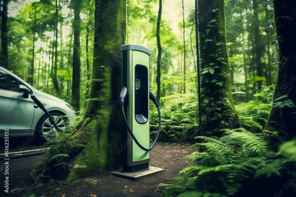 EV Car or Electric vehicle at charging station with the power cable ...