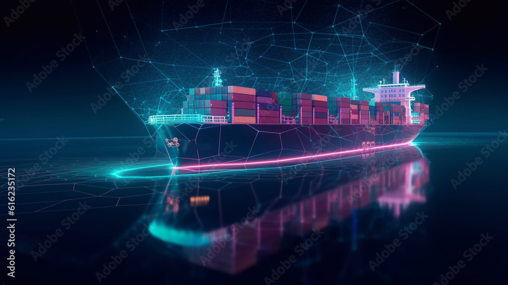 Abstract low poly 3d cargo ship isolated in dark blue background ...