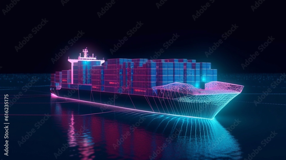 Abstract low poly 3d cargo ship isolated in dark blue background ...