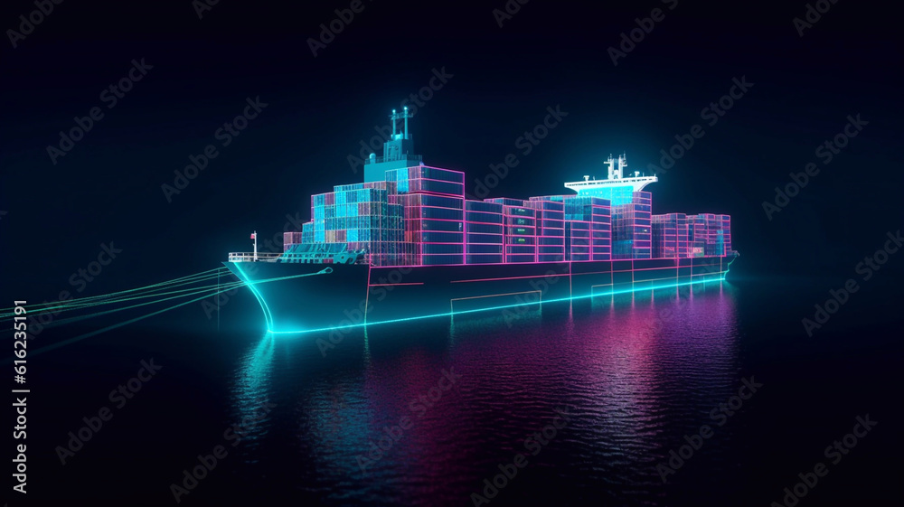 Abstract low poly 3d cargo ship isolated in dark blue background ...