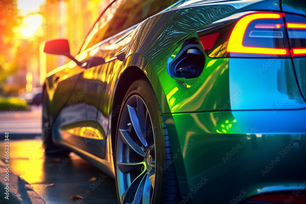 Close-up modern EV Car recharging battery from EV charging machine on ...