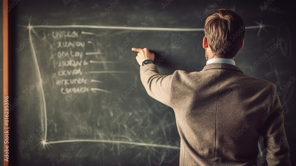 School teacher and lecturer near chalkboard blackboard, background with ...