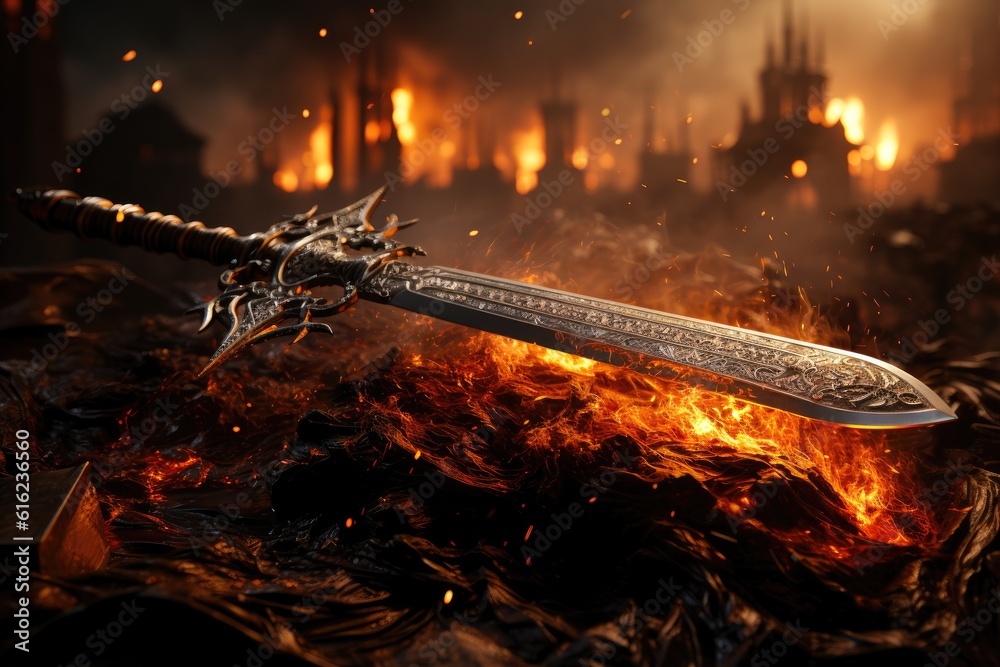 A sword in an environment of destruction and fire apocalypse Generative ...