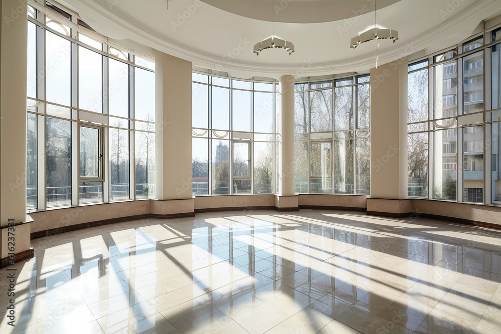 Empty hall building interior with tall panoramic windows. Generative AI ...