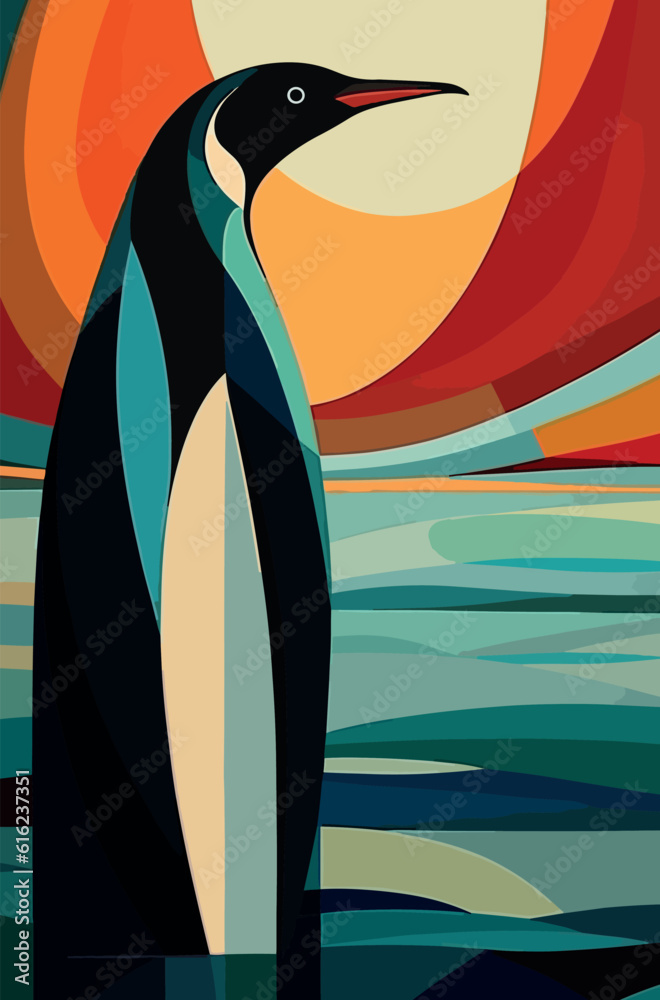 Stunning Art Deco-style poster depicting a majestic penguin on the ...