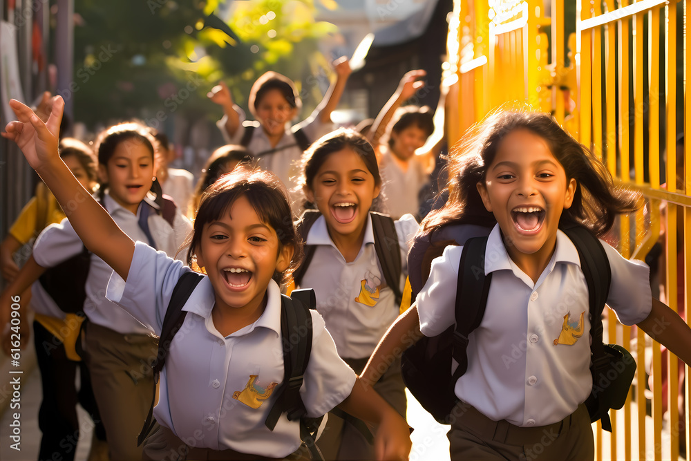 Students excitedly rushing through the school gate, carrying colorful ...