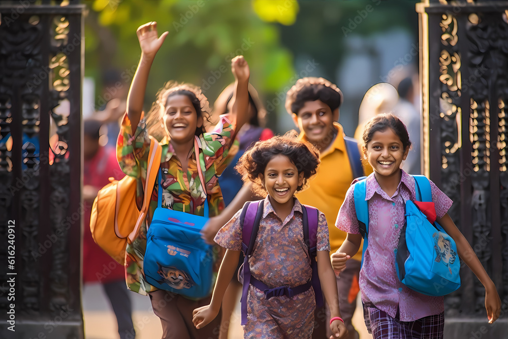 Students excitedly rushing through the school gate, carrying colorful ...