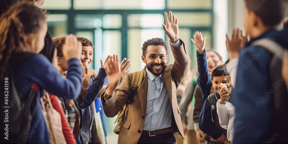 Teachers greeting students with warm smiles, ready to start a new ...