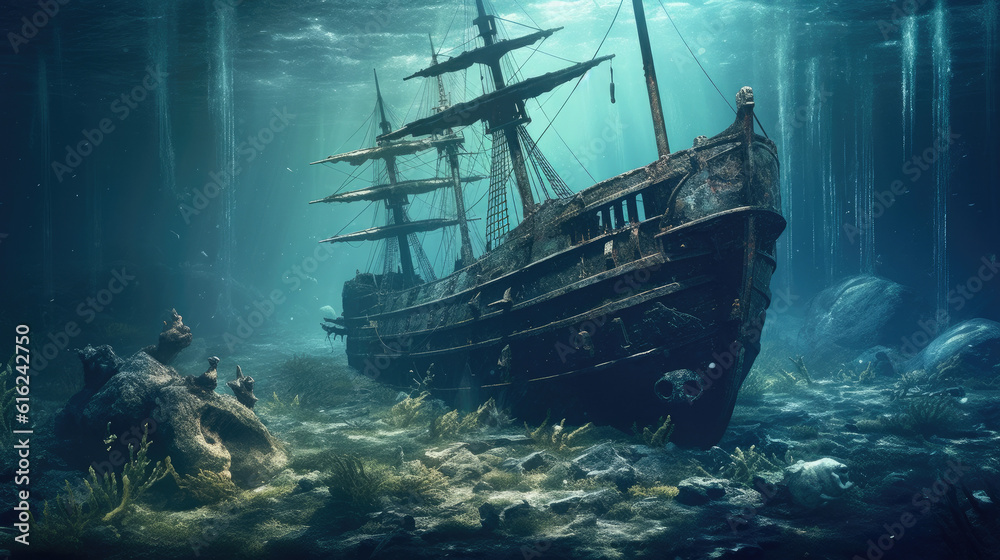 Shipwreck at the bottom of the ocean Stock Illustration | Adobe Stock