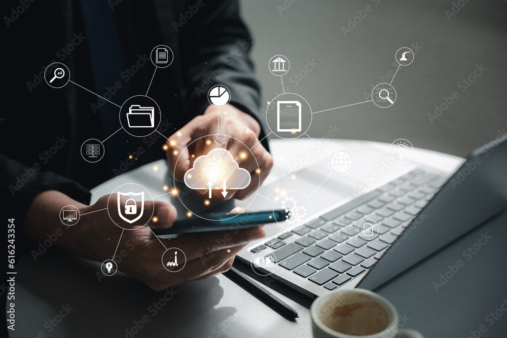 New technology business process strategy. Hand pressing a button on a ...