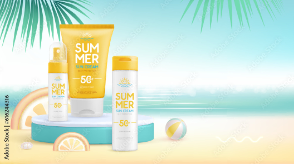 Summer beach background with 3d stage and set of sunscreens. Colorful ...