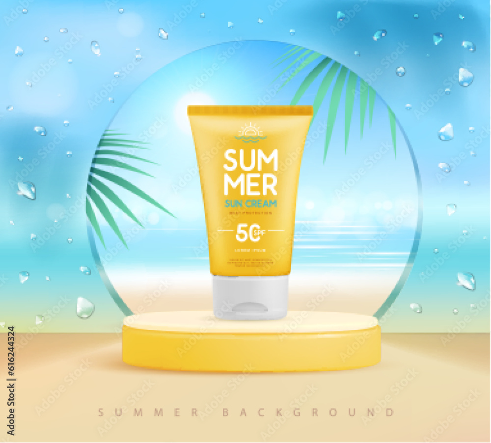 Summer beach background with 3d stage and sunscreen cream. Colorful ...