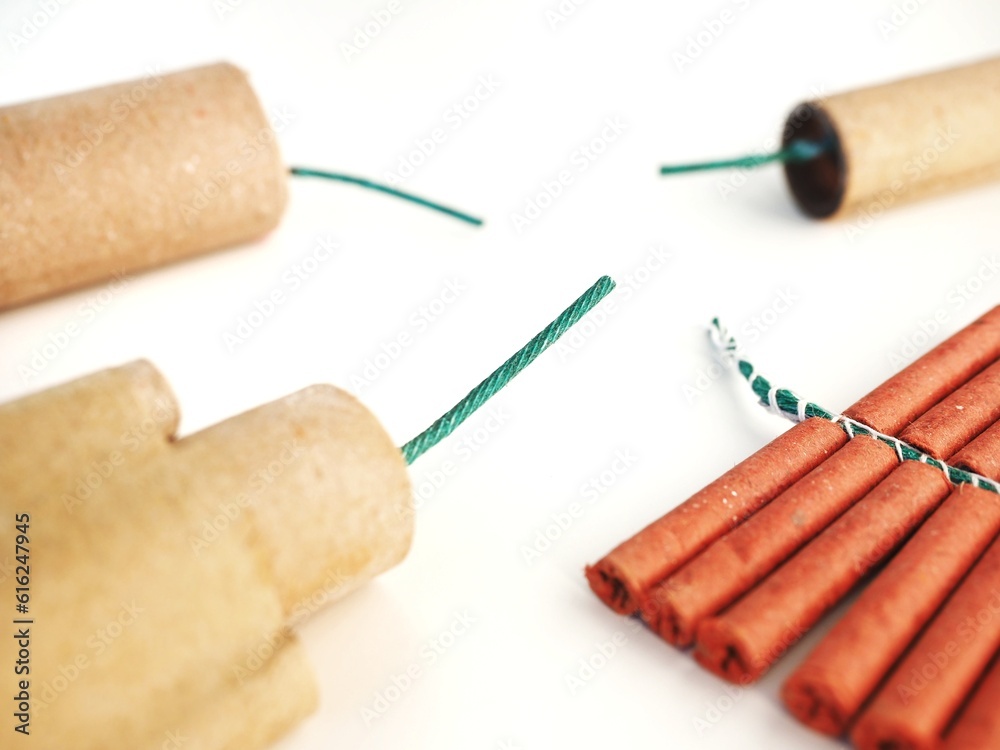 Firecrackers string and fountain fireworks on a white background Stock ...