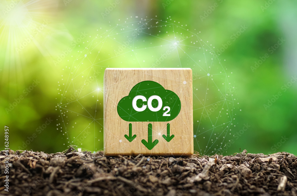 CO2 reducing icon on wooden cube, CO2 emission concept. Green ...