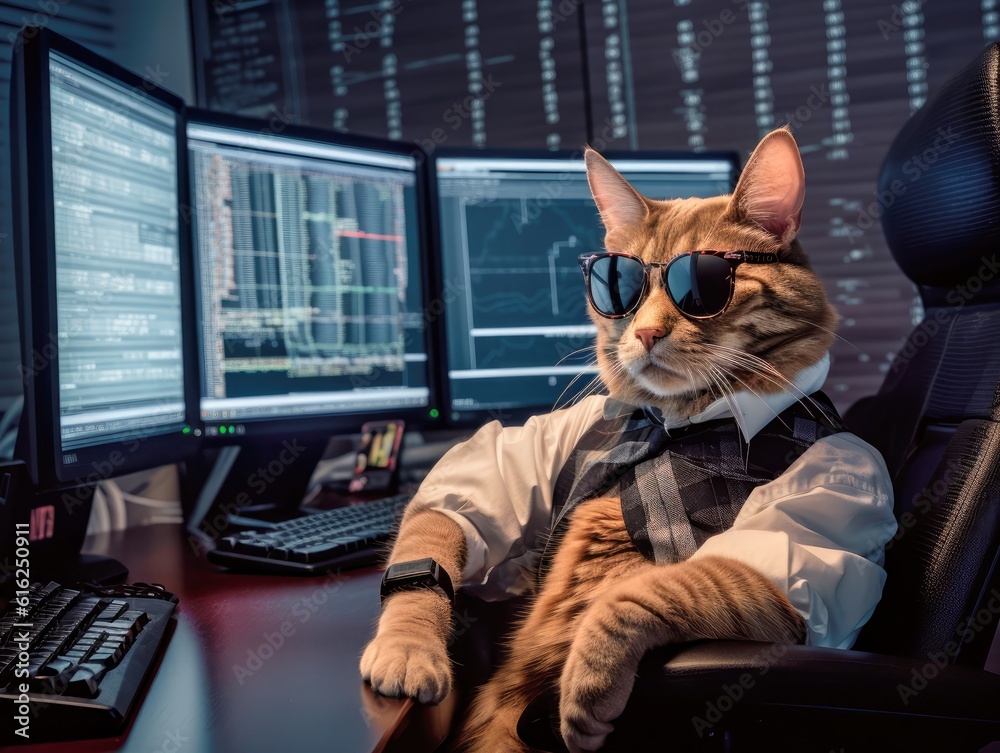 cool cat using computer for stock trading and wearing sunglasses portrait, created with ...