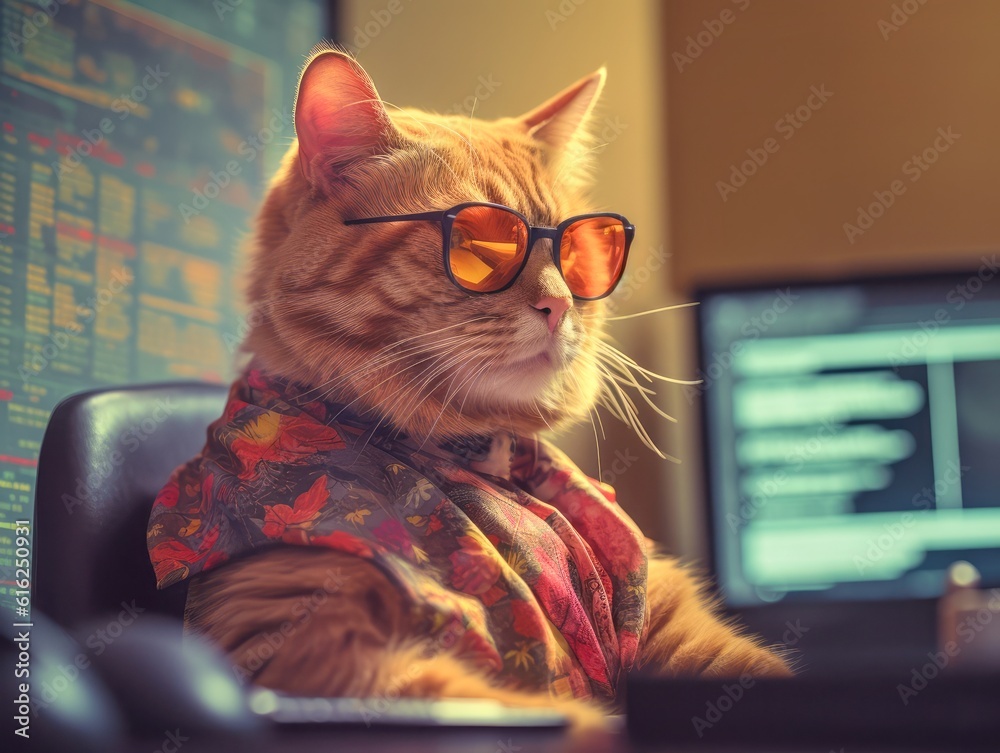 cool cat using computer for stock trading and wearing sunglasses portrait, created with ...