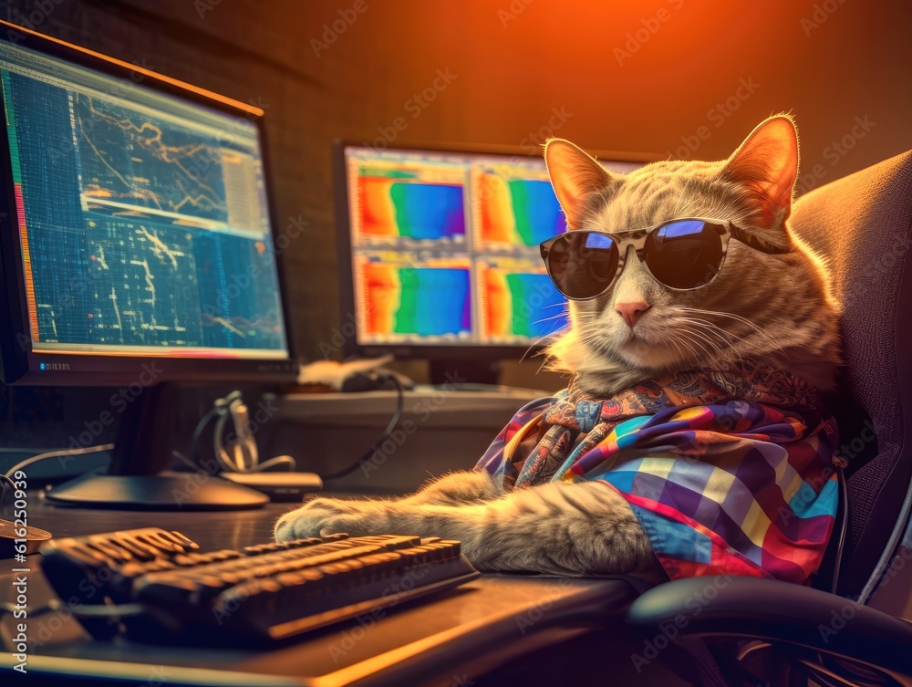 cool cat using computer for stock trading and wearing sunglasses portrait, created with ...