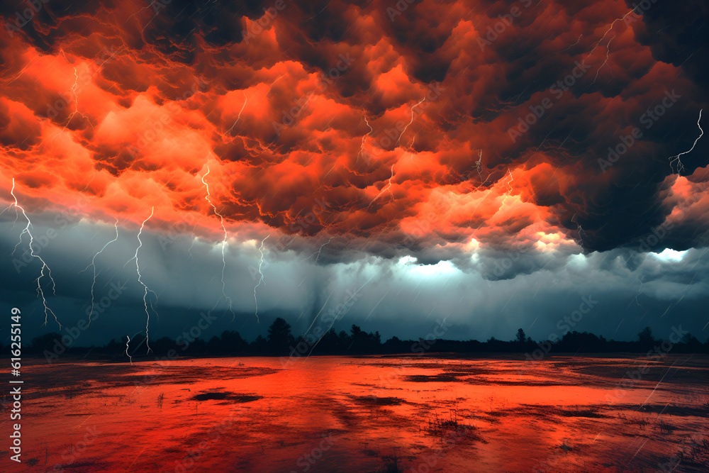Gloomy, ominous dark red sky with clouds and lightning and a red ground ...