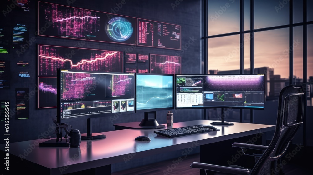 The side view from a computer with multiple screens displaying social ...