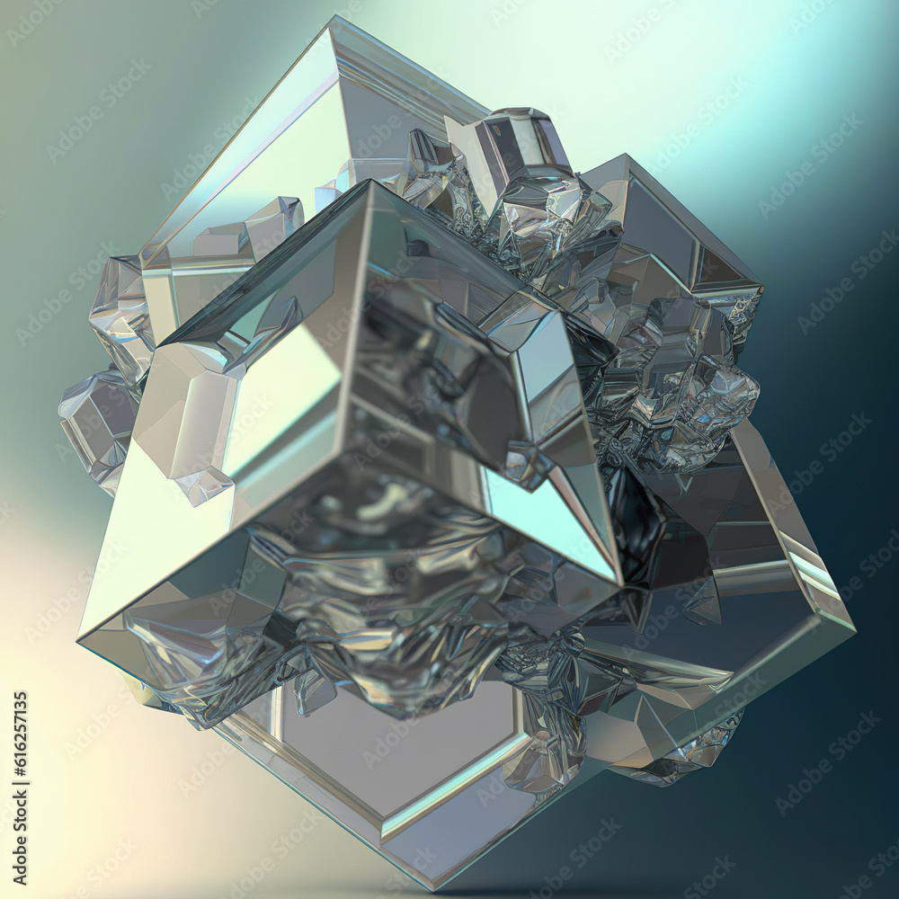Modern digital abstract art of glassy geometric transparent cubic shape ...