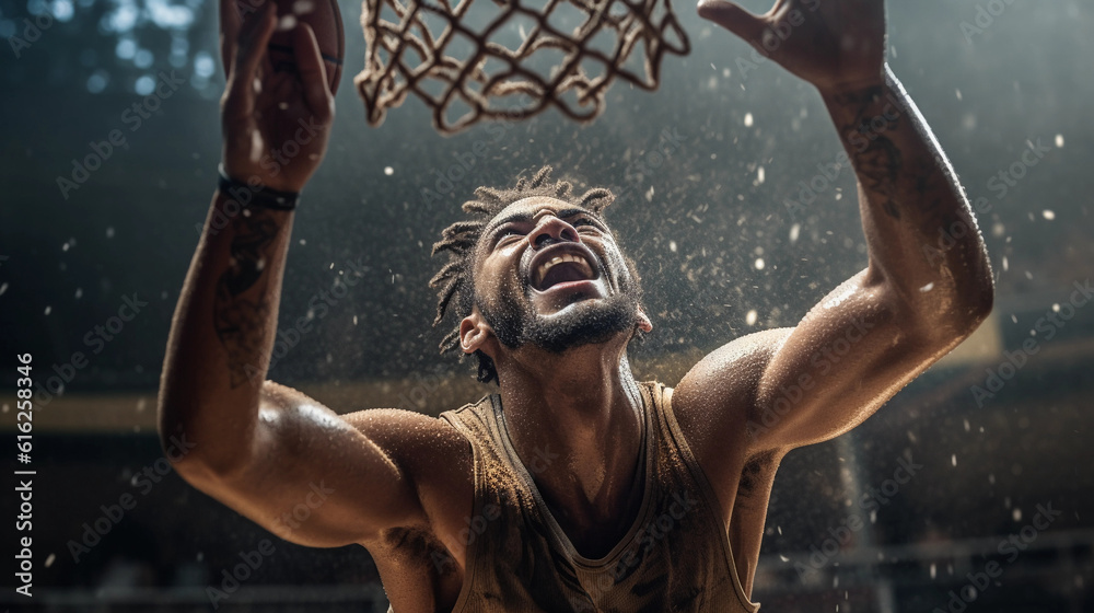 High - speed image of a basketball player in mid - air performing a ...