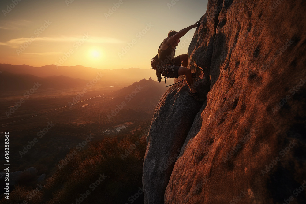 Hotorealistic, dynamic image of a climber scaling a cliff at sunset ...