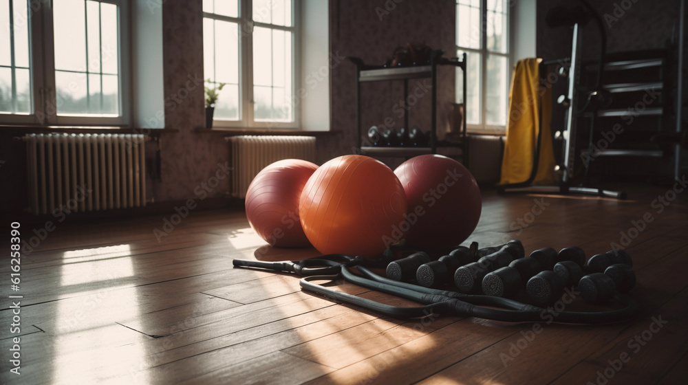 Hyper - realistic stock image, modern home gym setup, bright room with ...