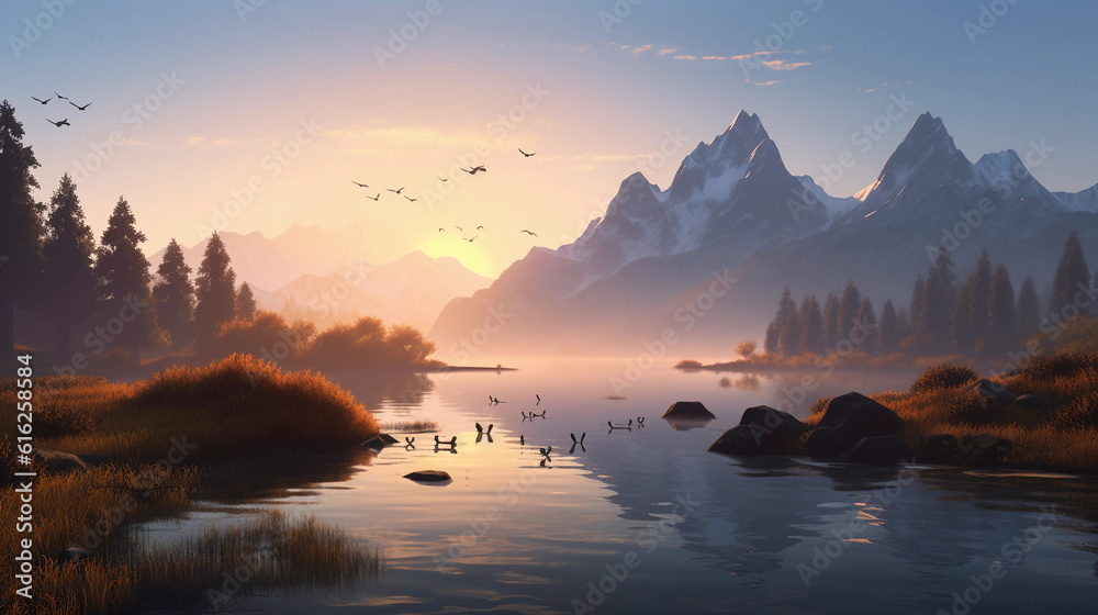 Lush green forest at sunrise, hyper realistic, a deer drinking from a ...