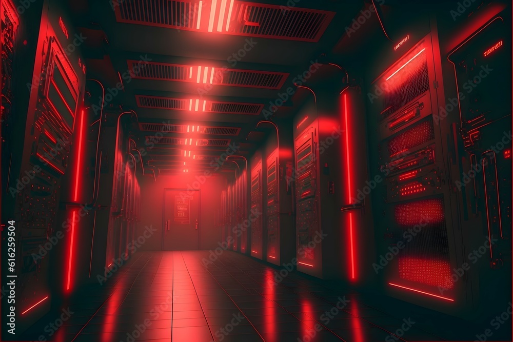 red Server Room. Realistic, highly detailed, rendered octane, Maxon ...