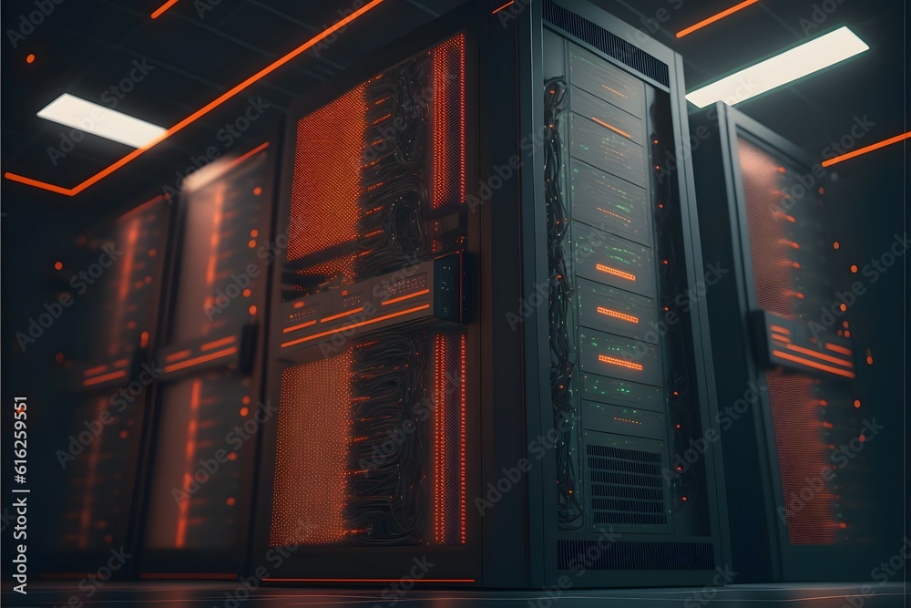 server room with server racks in datacenter banner. 3d illustration ...