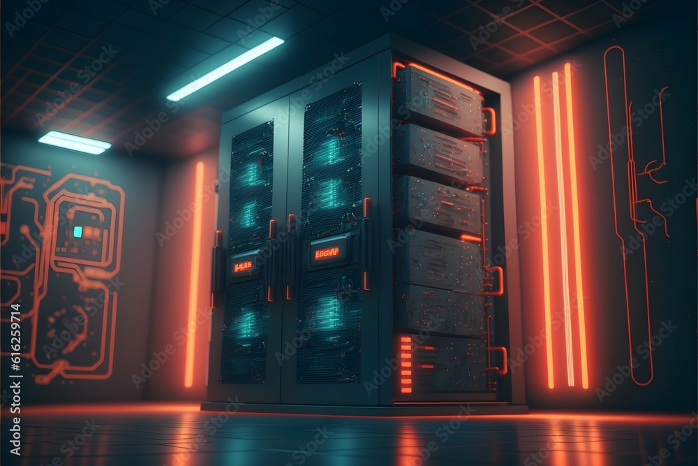 server room 3d illustration with node base programming data design ...