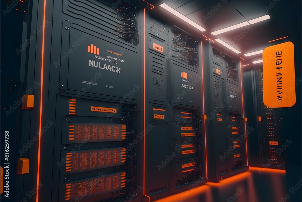 server room with server racks in datacenter banner. 3d illustration ...