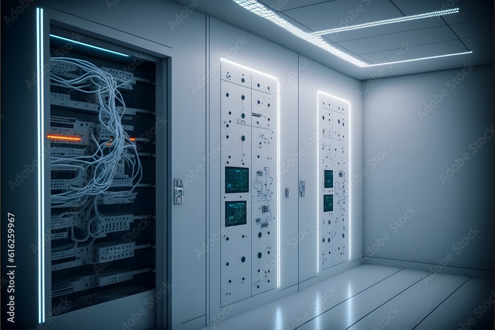 white sever room connected with fiber optic line. Realistic, highly ...