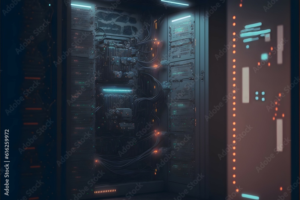 server room 3d illustration with node base programming data design ...