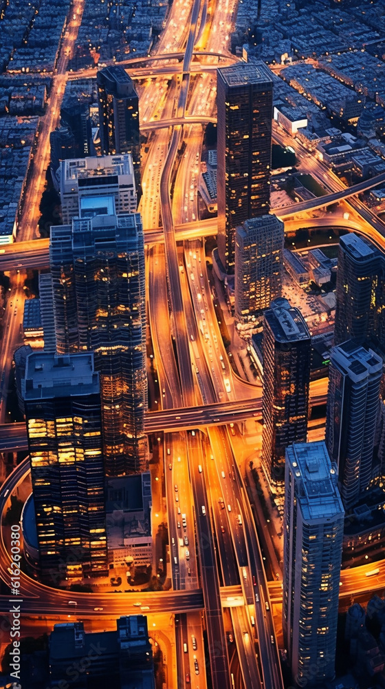 Busy city intersection seen from above at peak hours, with motion blur ...